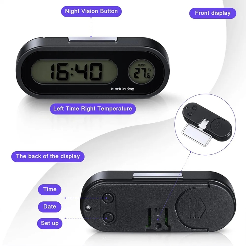 Car Digital Clock Car Dashboard Clock With Thermometer Night Vision Mode